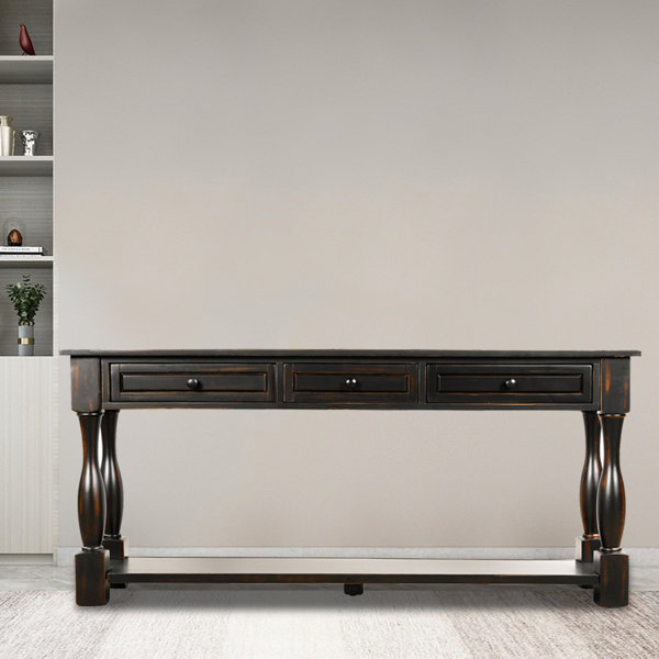 Rosalind Wheeler Console de canapé longue de 64 po à assemblage facile avec tiroirs et tablette ...